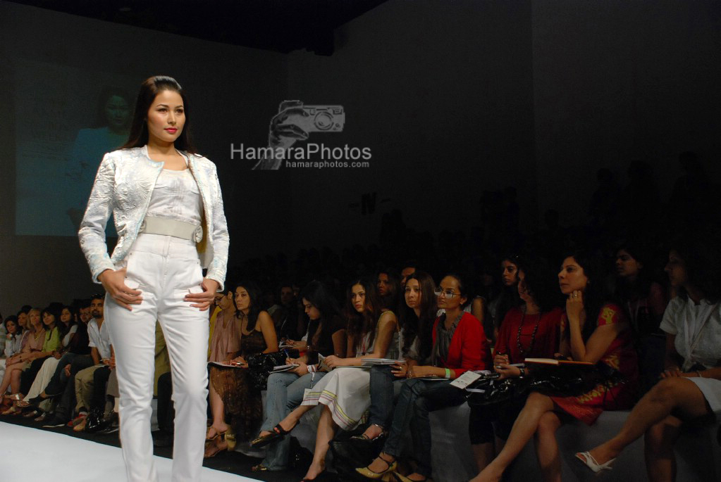 Model walks on the ramp for Gen Next designers showcase at Lakme India Fashion Week on March ...